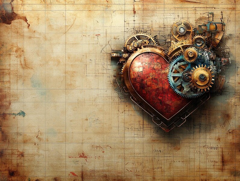 MECHANICAL HEARTS 27 Digital Backgrounds, Vintage Gear Heart ...