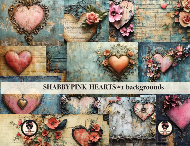 Vintage-inspired Pink Floral Hearts Digital Print: Shabby Chic Romantic ...