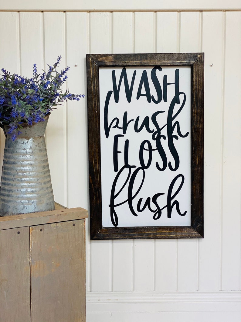 Wash Brush Floss Flush Sign Bathroom Wood Sign Bathroom Wall - Etsy