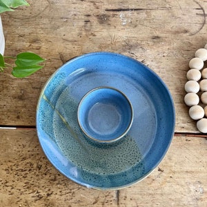 Handmade Pottery Chip and Dip Bowl Aqua Ceramic Chip and Dip Bowl ...