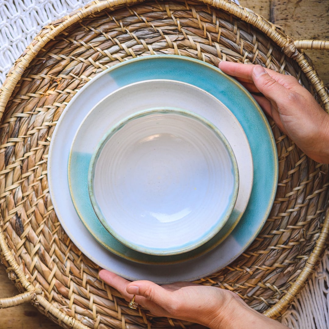 Custom Coastal Dinnerware Set Handmade Teal Dinnerware Ceramic ...