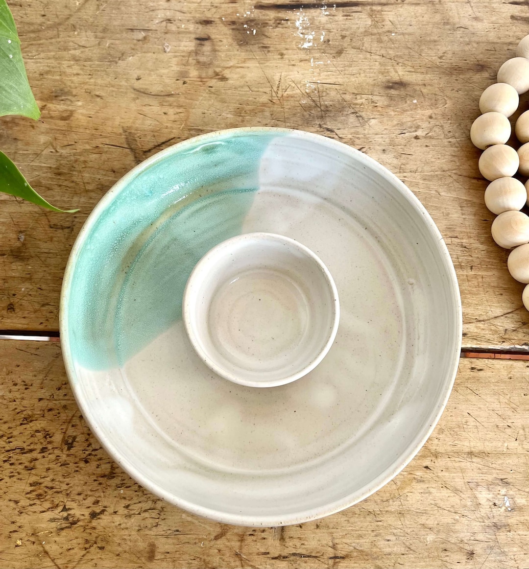 Handmade Pottery Chip and Dip Bowl Aqua Ceramic Chip and Dip - Etsy
