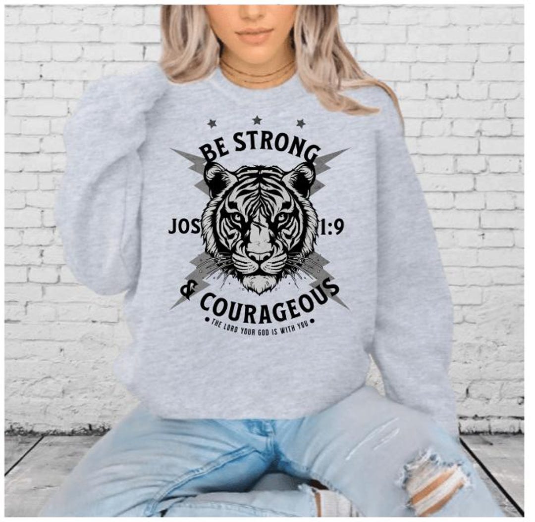 BE STRONG and COURAGEOUS Tiger Face Unisex Heavy Blend™ Gray Crewneck ...