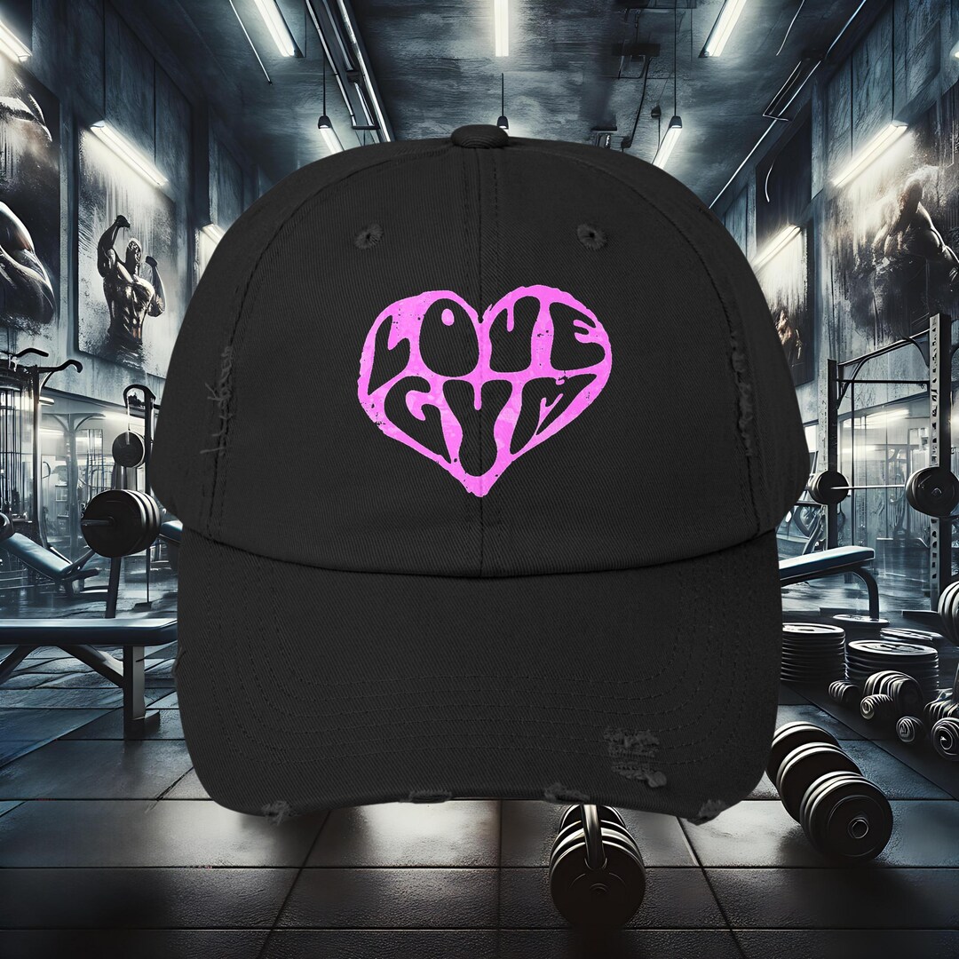 Fitness Love Gym Cap, Black Hat, Distressed Style Cap, Heart Hat ...
