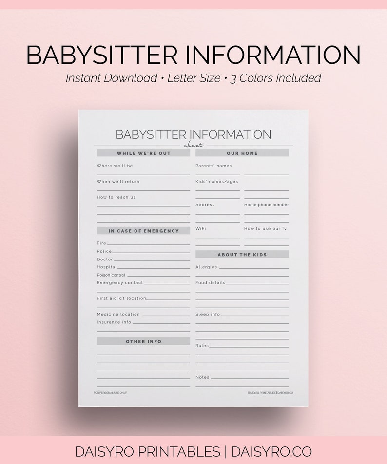 Babysitter Information Emergency Sheet In Case Of Etsy babysitter-information-emergency-sheet-in-case-of-etsy