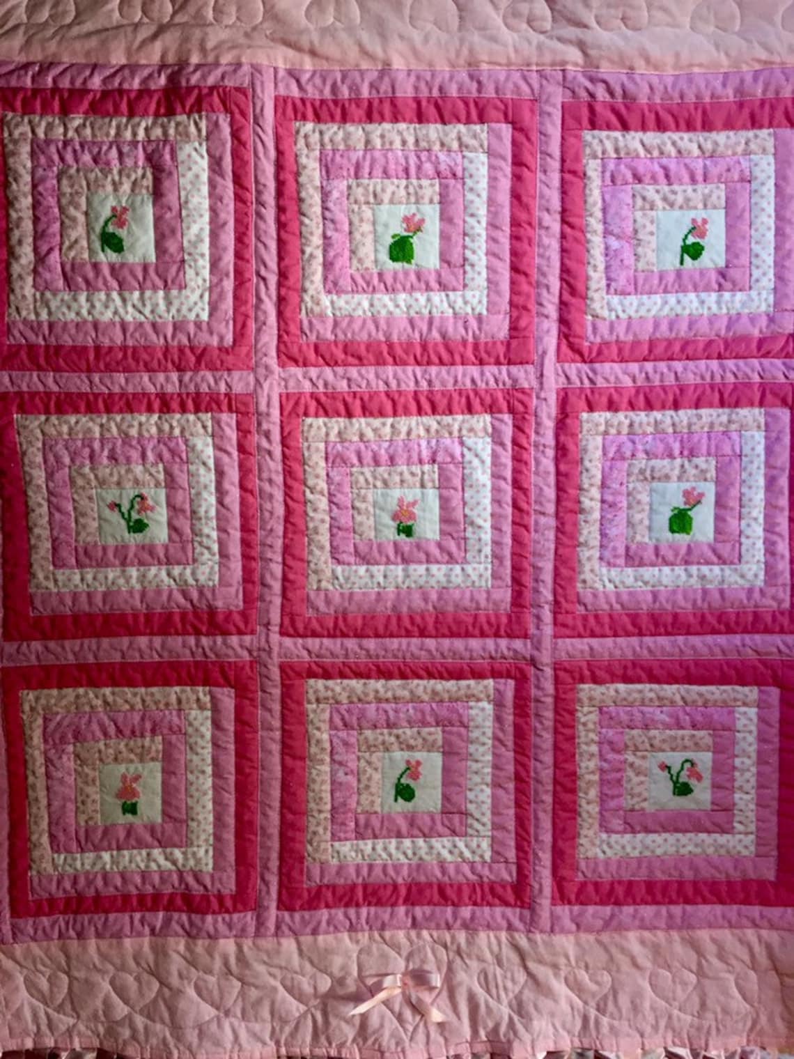 Pink Flower Quilt Baby Girl Quilt Girl Blanket Flowers Hot Pink Hearts ...