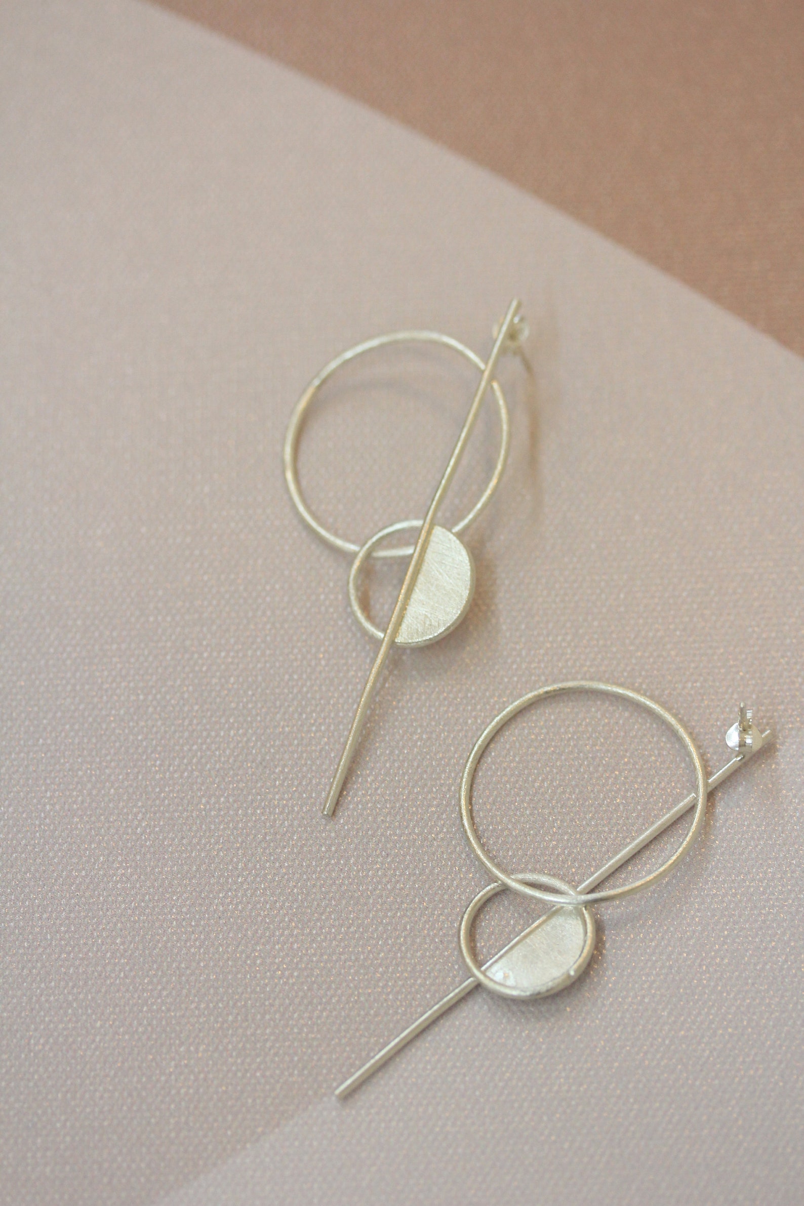 Circle and Line Long Geometric Shape Silver Stud Earrings - Etsy