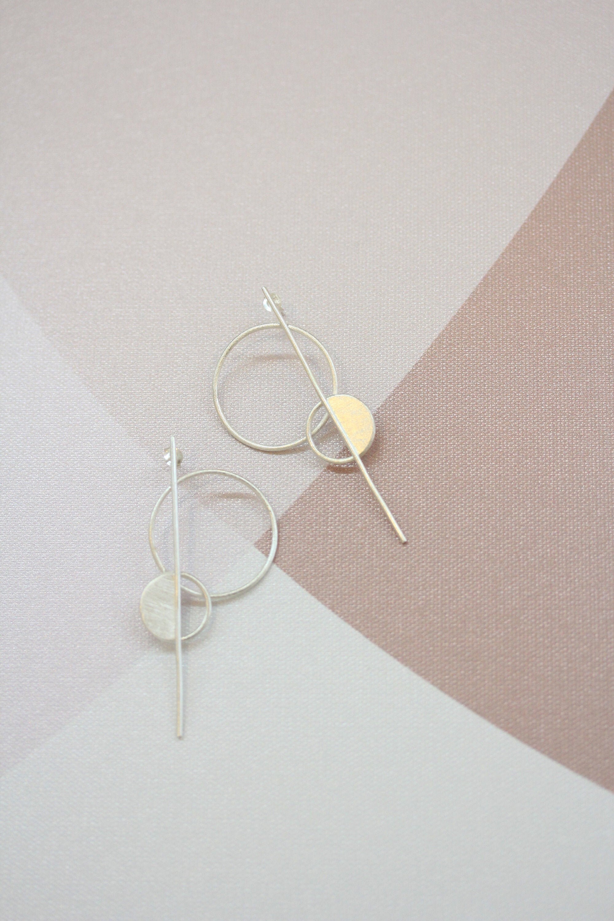 Circle and Line Long Geometric Shape Silver Stud Earrings - Etsy