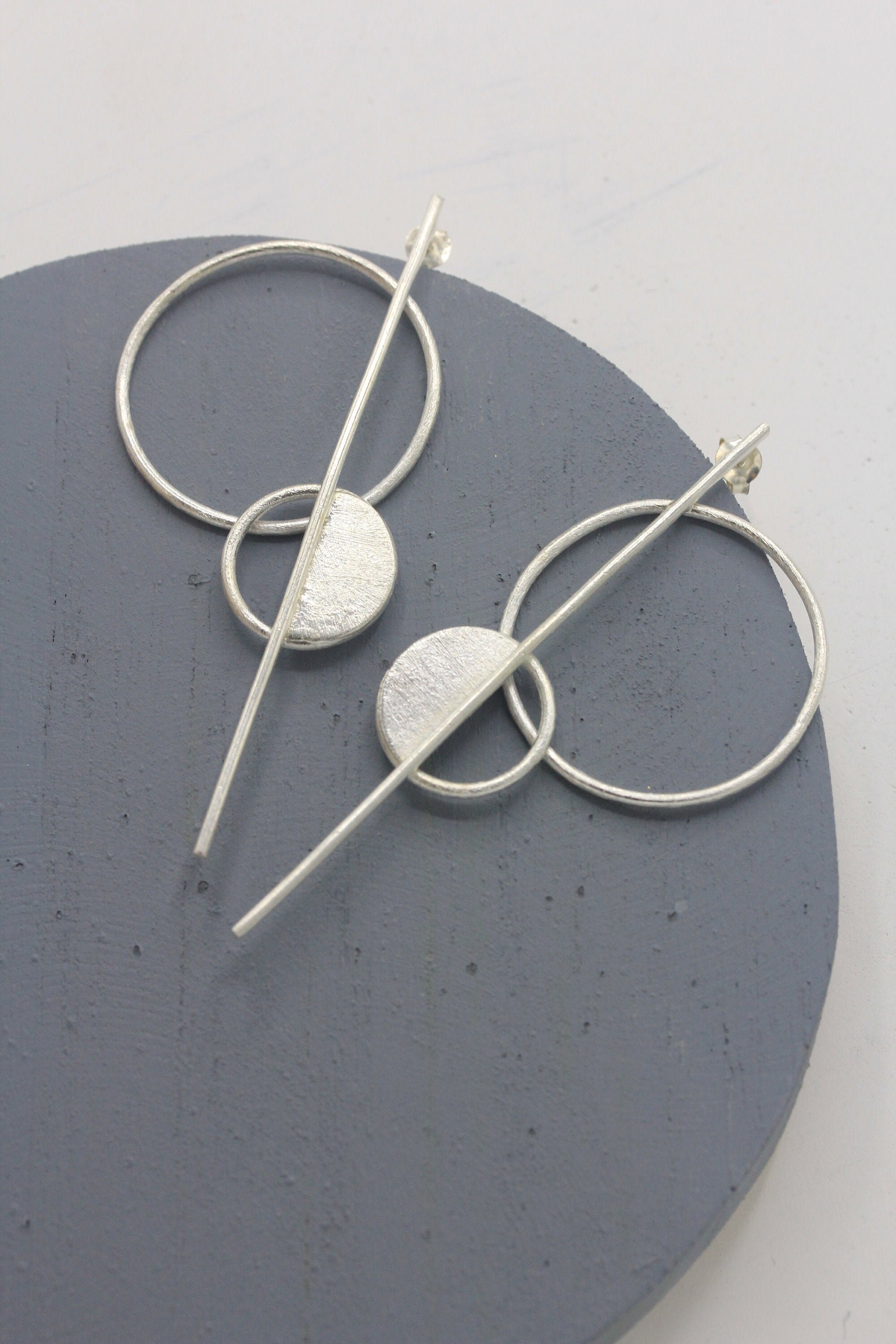 Circle and Line Long Geometric Shape Silver Stud Earrings - Etsy