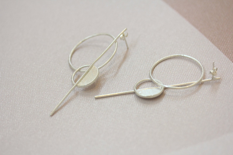 Circle and Line Long Geometric Shape Silver Stud Earrings - Etsy