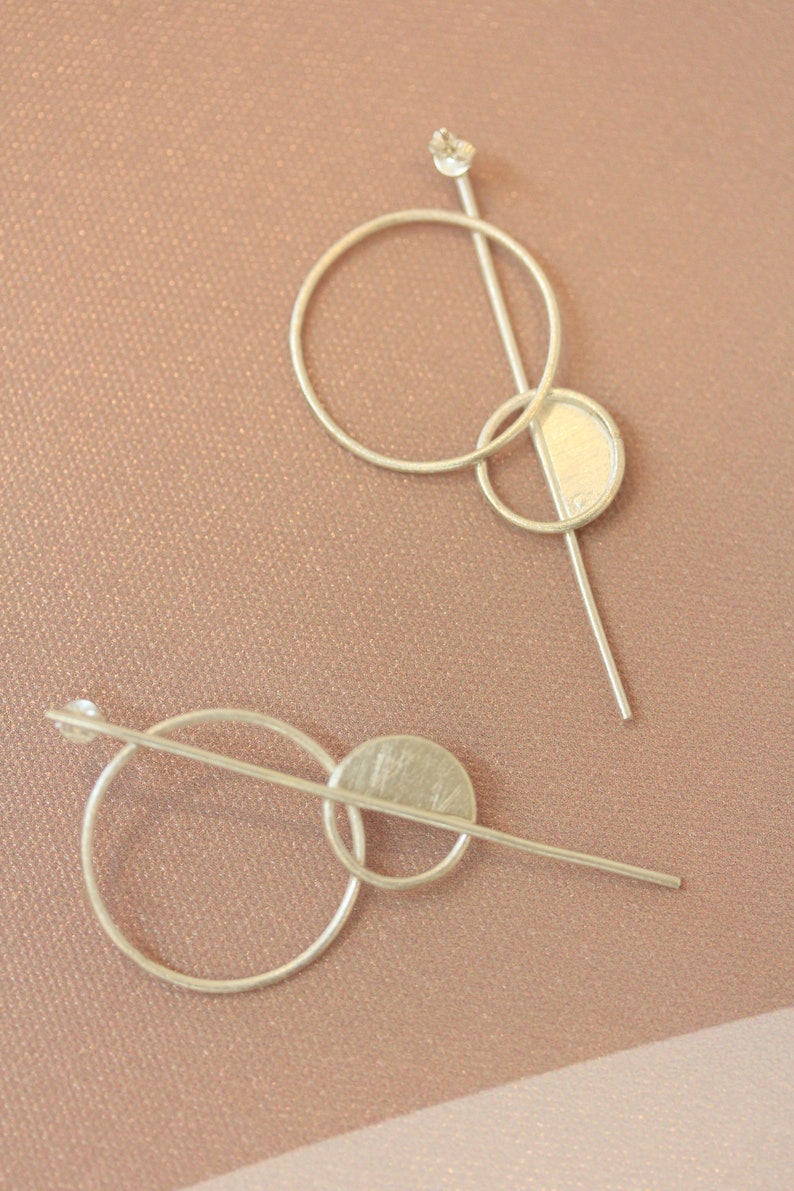 Circle and Line Long Geometric Shape Silver Stud Earrings - Etsy