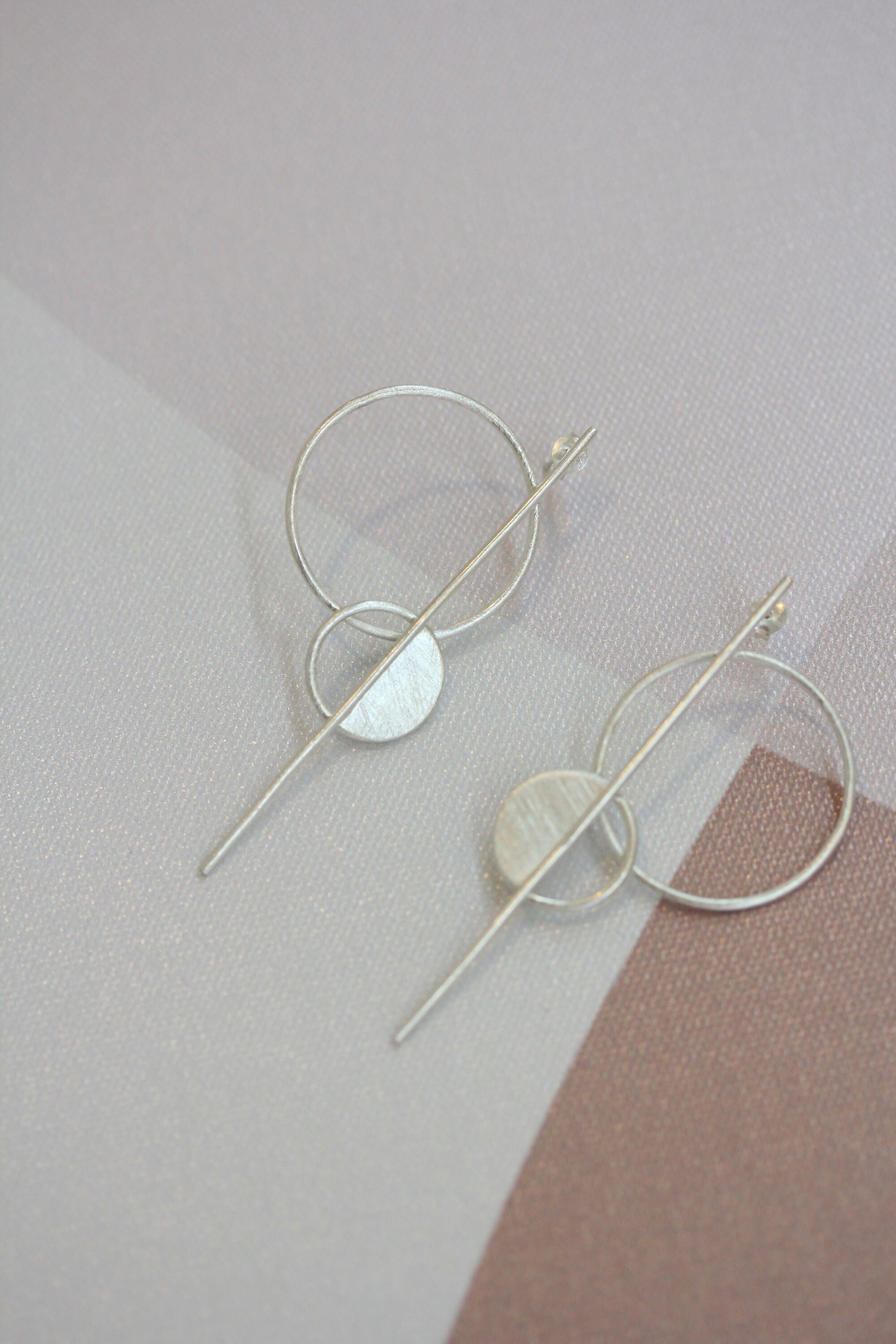 Circle and Line Long Geometric Shape Silver Stud Earrings - Etsy