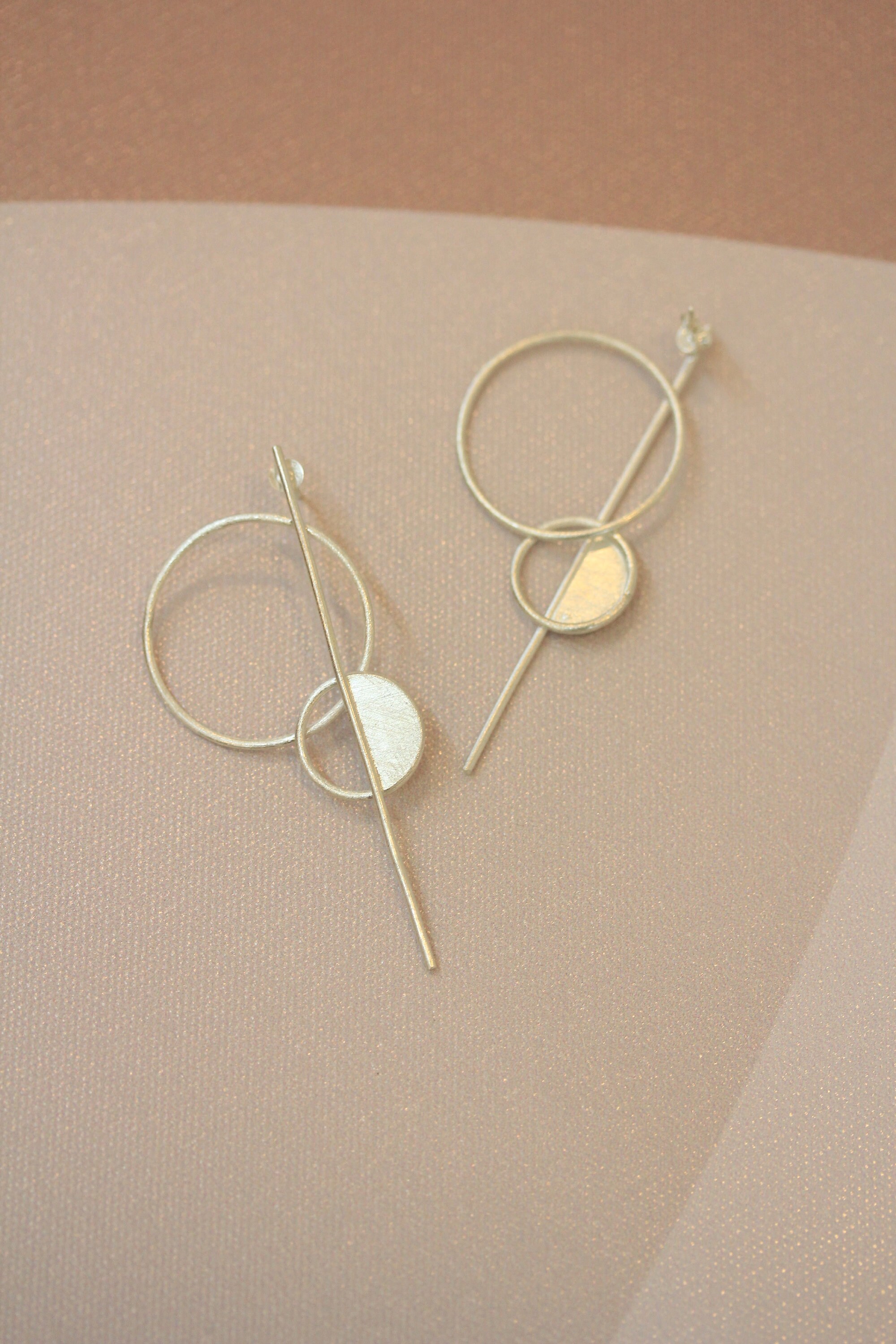 Circle and Line Long Geometric Shape Silver Stud Earrings - Etsy
