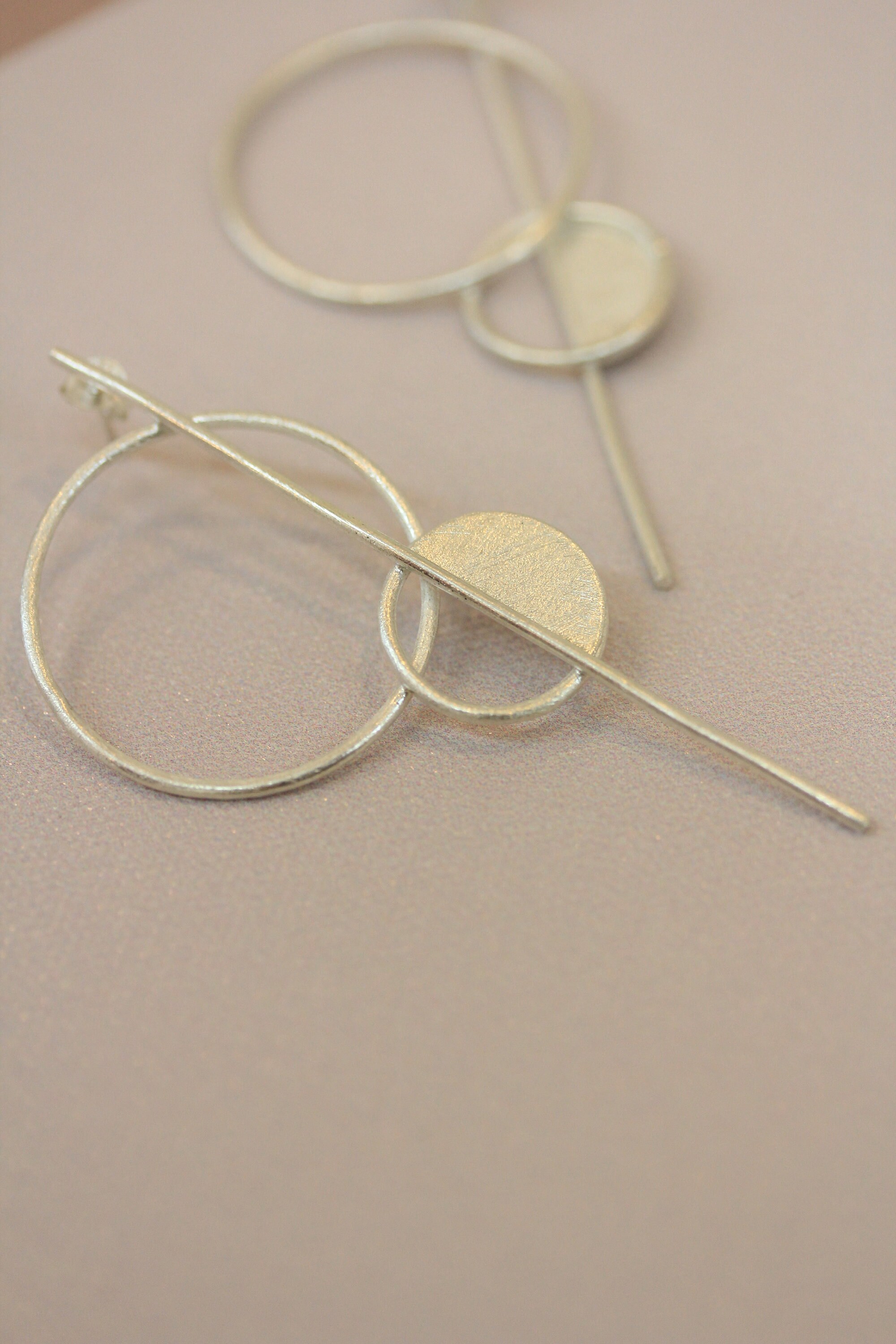 Circle and Line Long Geometric Shape Silver Stud Earrings - Etsy