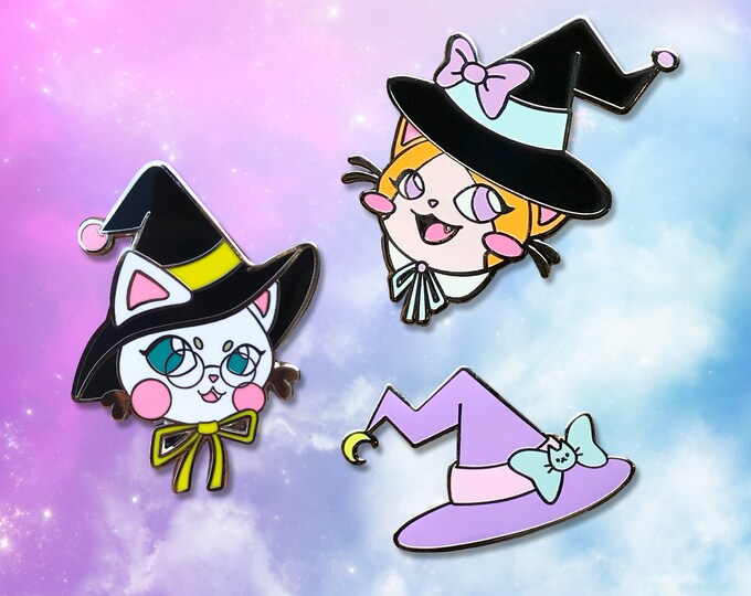 Witchy Kitty Silver Hard Enamel Pin | White Witch | Witchy Kitty Set | Witchy Kitty Hat ...
