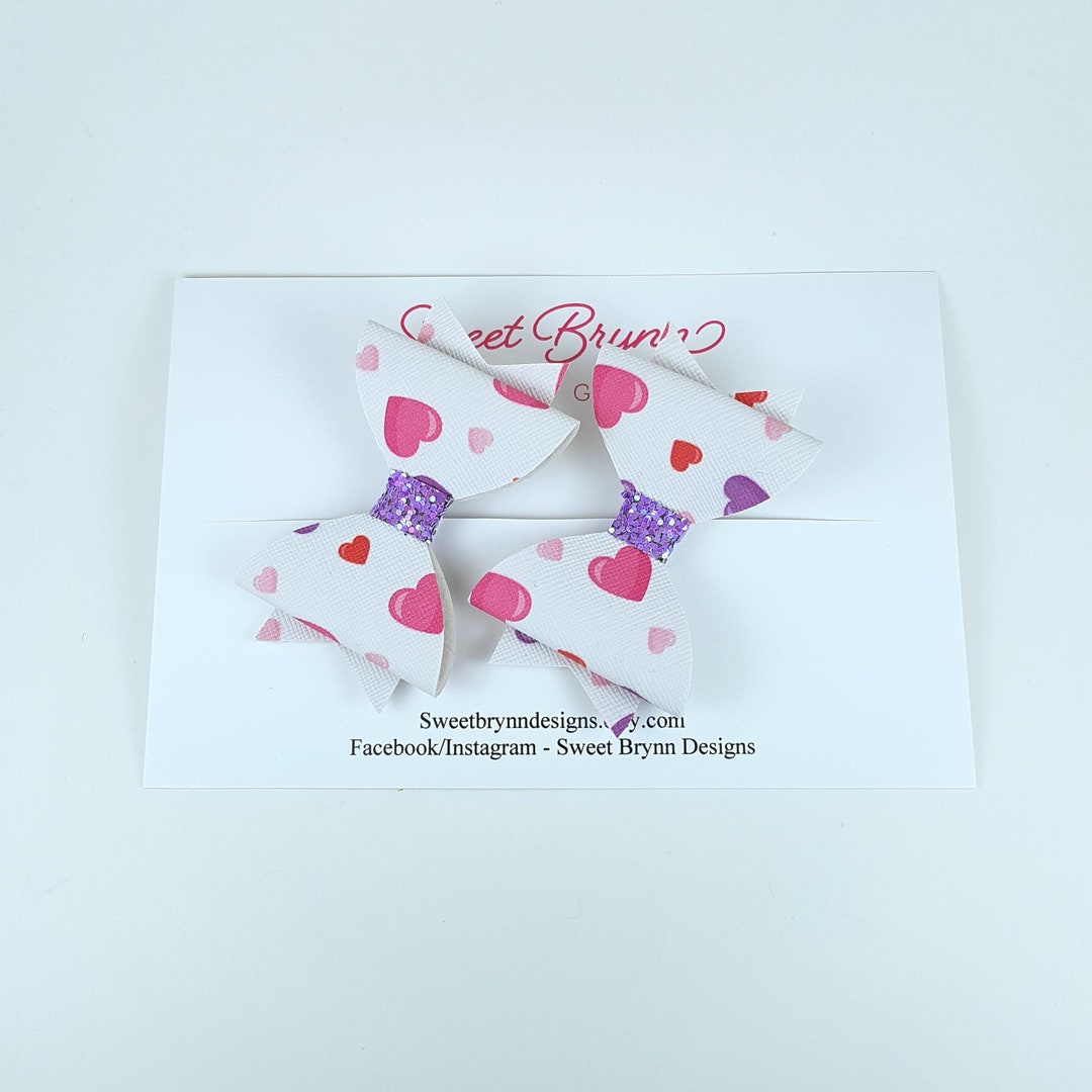 Heart Print Bow Set, Valentine's Day Bows, Heart Bow Clips, Heart Bow ...