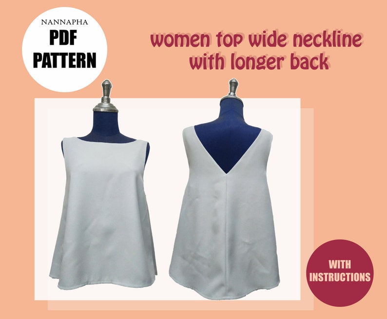 Women Top Wide Neckline With Longer Back | Size 2-10, XS-M | PDF ...