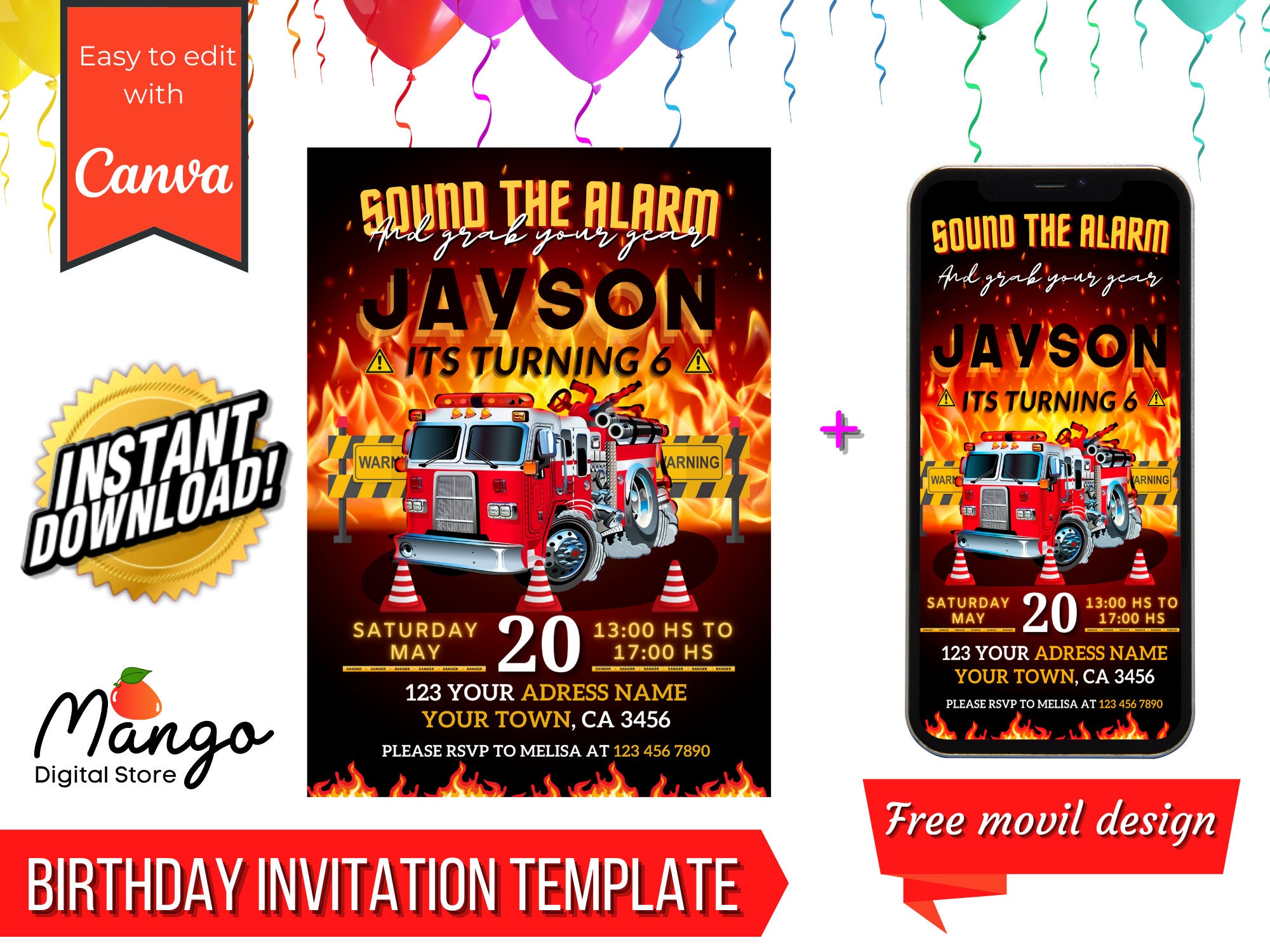 Firetruck Birthday Invitation: Canva Template for Firefighter Digital ...