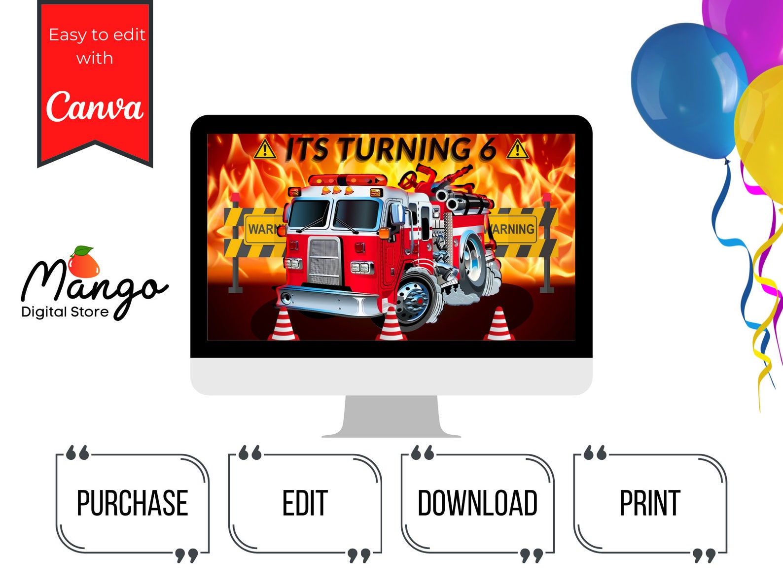 Firetruck Birthday Invitation: Canva Template for Firefighter Digital ...