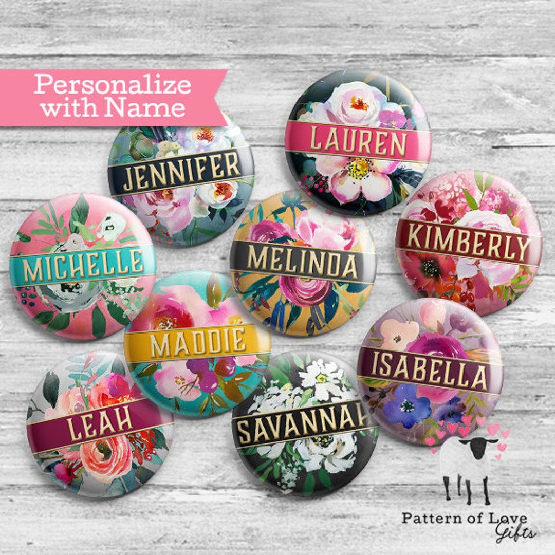 Personalized Floral Name Button Badge - Etsy