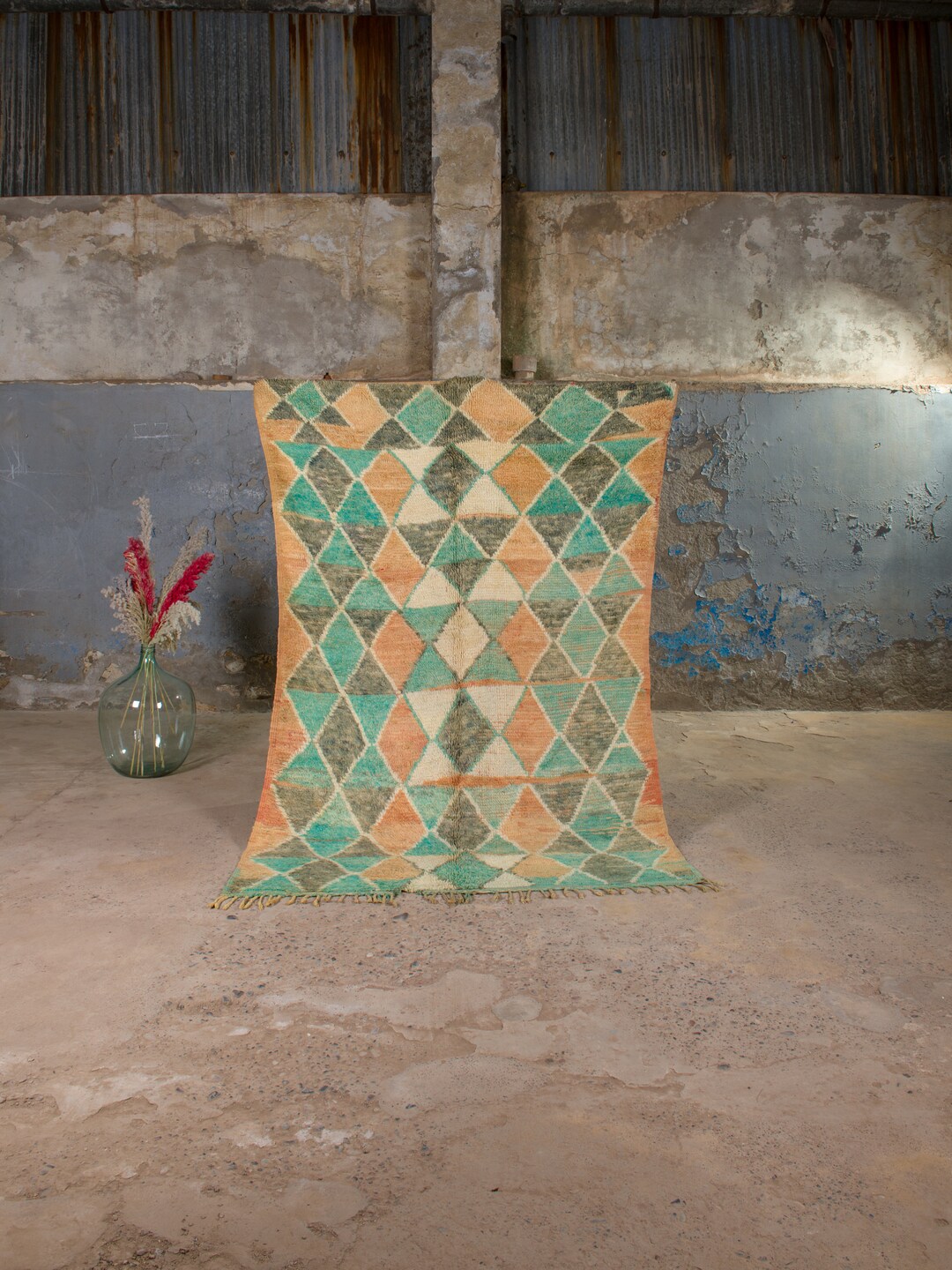 Vintage Moroccan Handwoven Wool Rug - Pastel Geometric Berber Carpet (5 ...