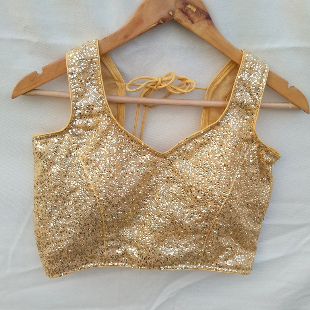 Take A Look About Golden Crop Top For Saree