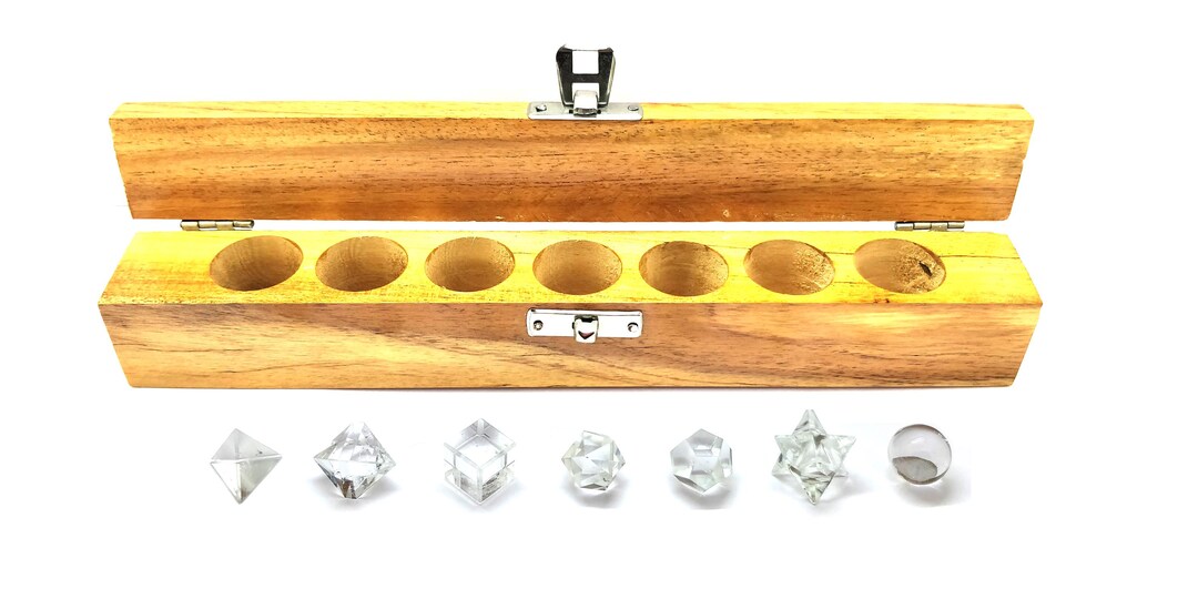 Clear Quartz Platonic Solids Set: Sacred Geometry Crystals in Wooden ...