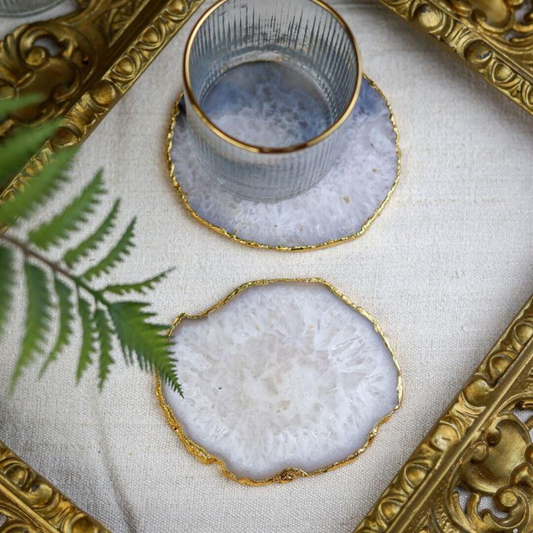 White Agate Coaster: Gold Electroplated Crystal Slice - Etsy