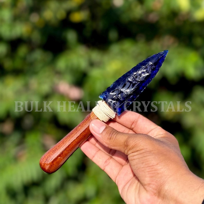 Handmade Blue Obsidian Glass Knife, Wooden Handle, Spearhead Large ...