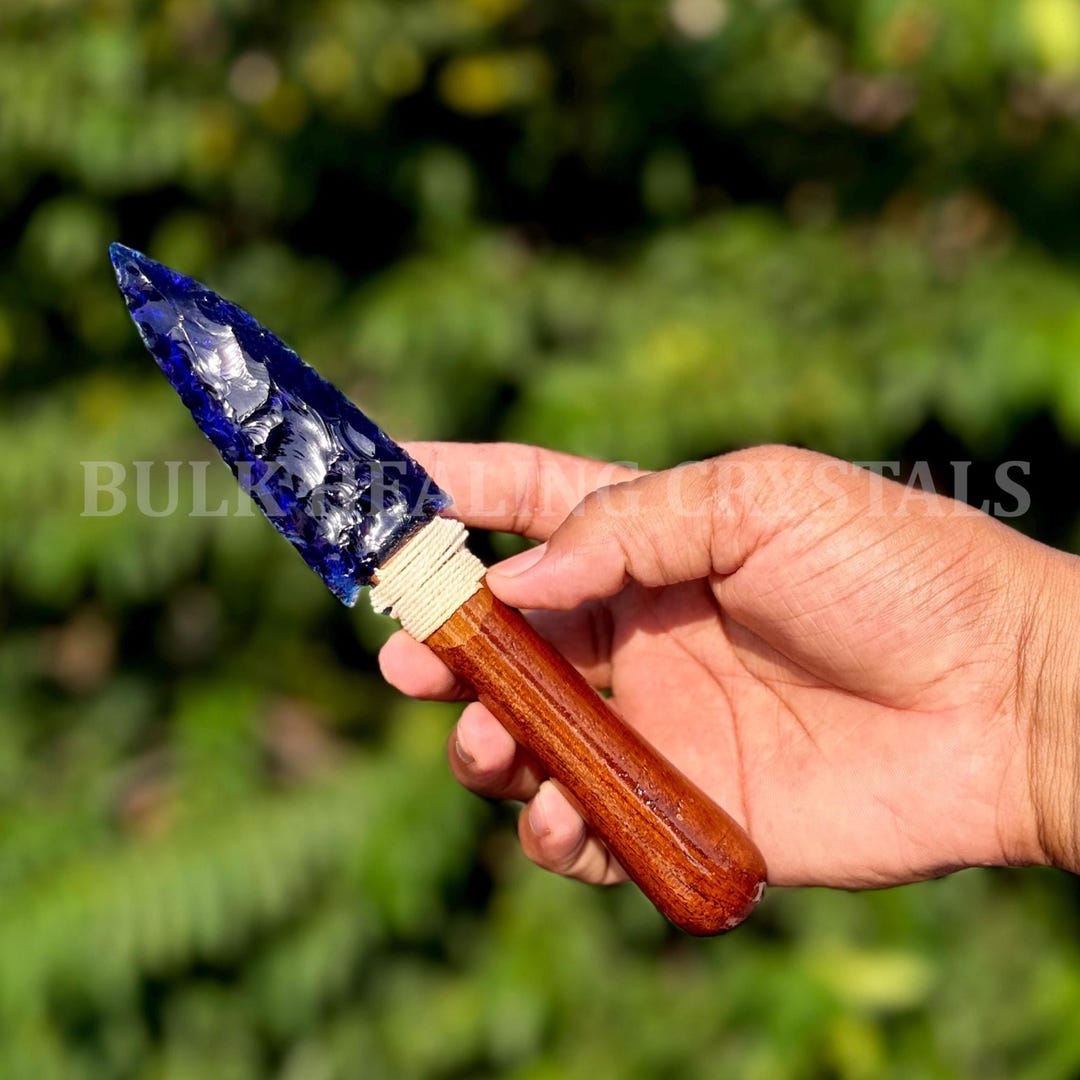 Handmade Blue Obsidian Glass Knife, Wooden Handle, Spearhead Large ...