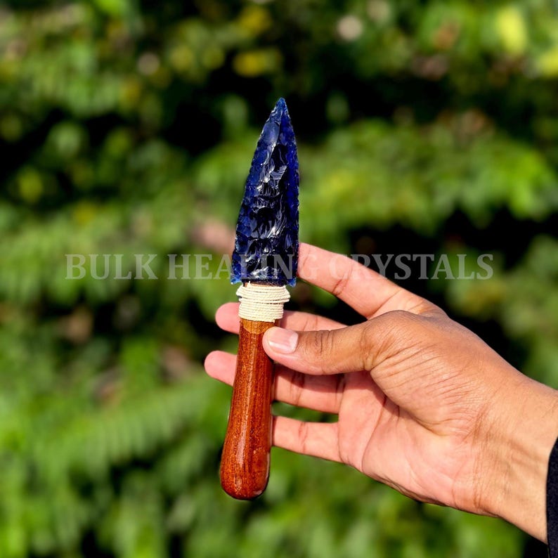 Handmade Blue Obsidian Glass Knife, Wooden Handle, Spearhead Large ...
