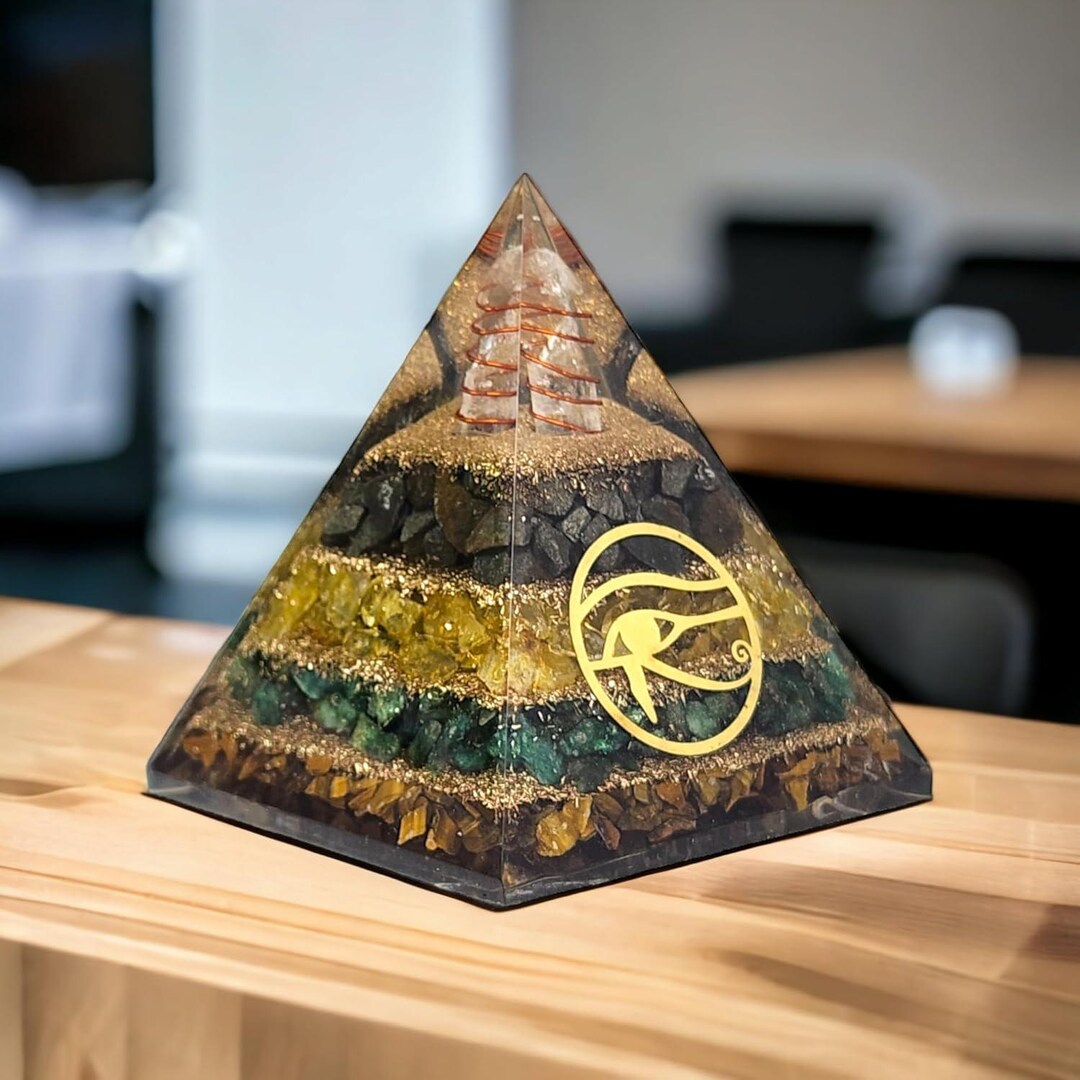 Eye of Horus Orgonite Pyramid | Pyrite, Citrine, Green Jade, Tiger Eye ...