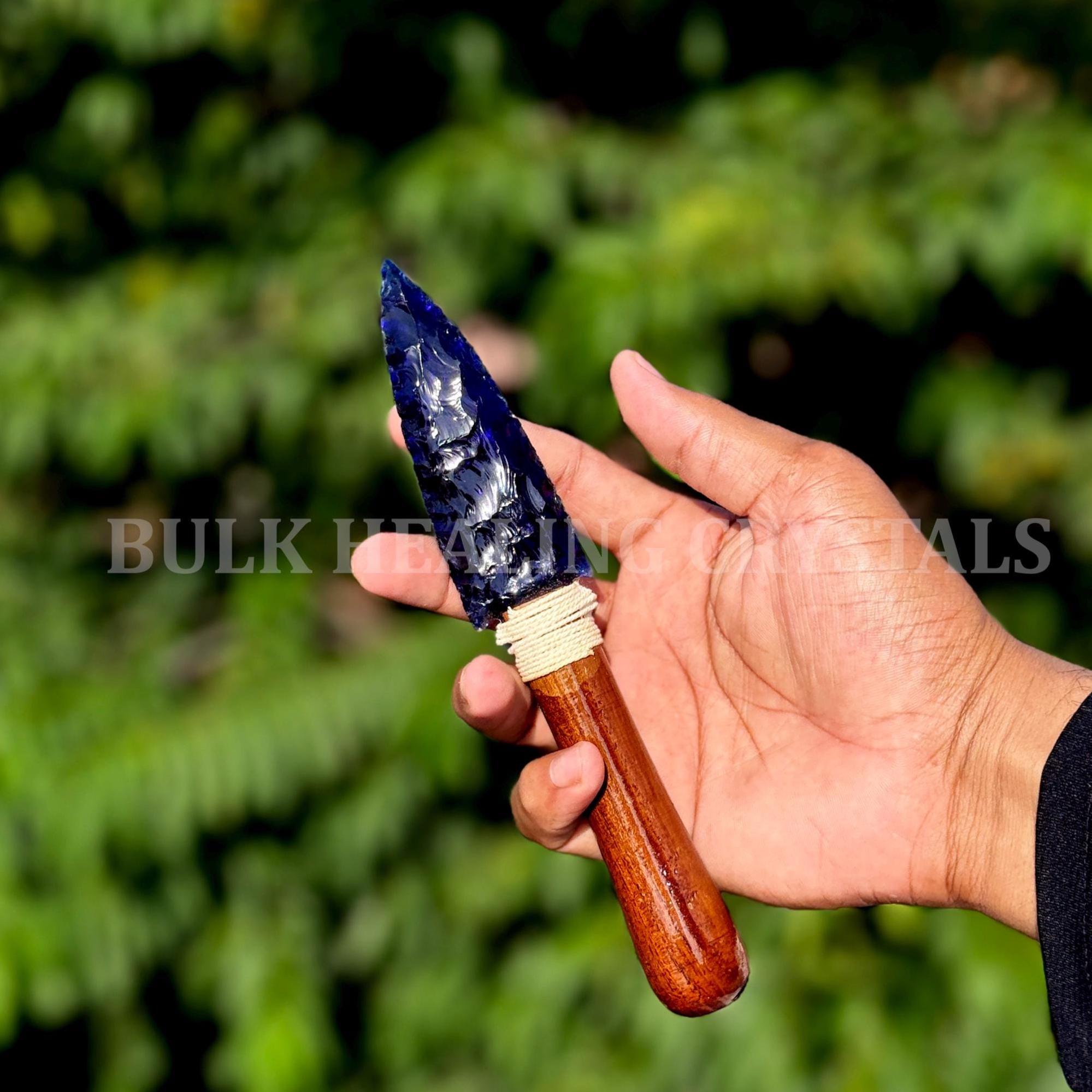 Handmade Blue Obsidian Glass Knife, Wooden Handle, Spearhead Large ...