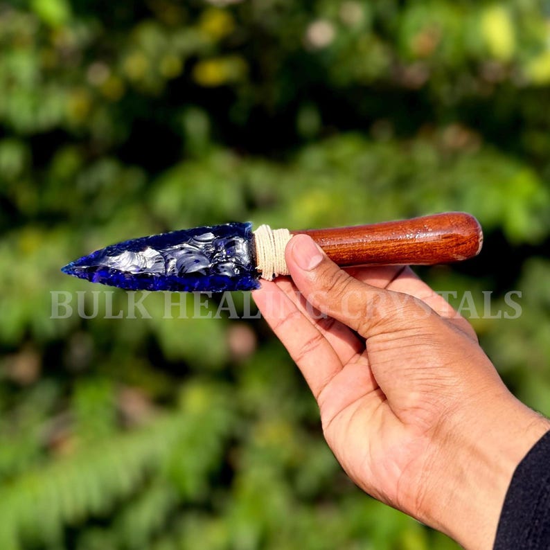 Handmade Blue Obsidian Glass Knife, Wooden Handle, Spearhead Large ...