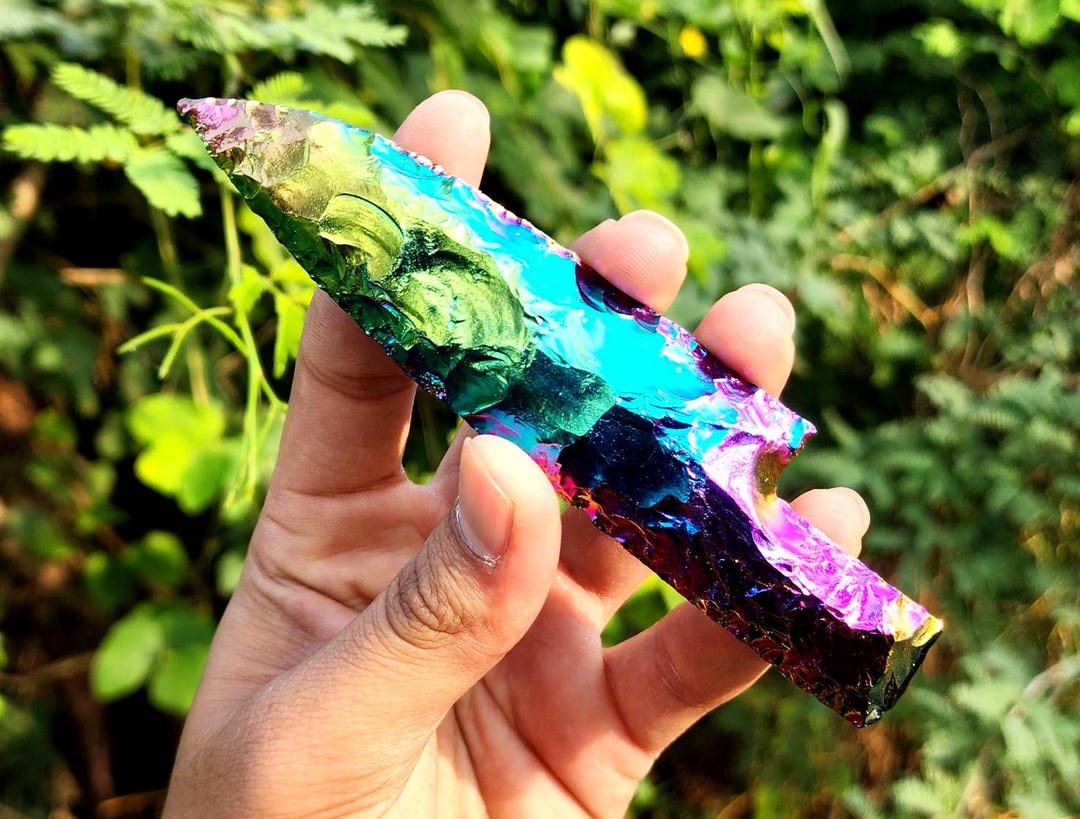 Titanium Aura Quartz Crystal Arrowhead: Rainbow Obsidian Athame Knife ...
