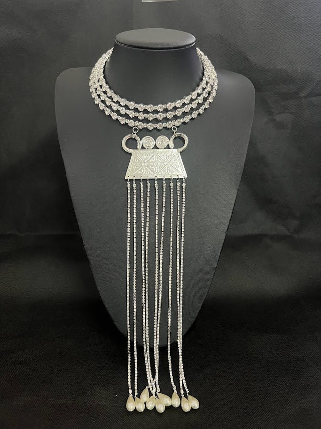 Rhinestone Choker W/ Large Hmong Phiaj, Rhinestone Chain & Teardrop ...