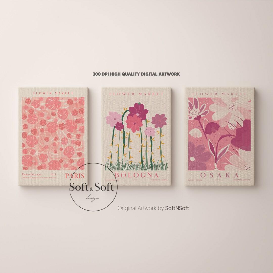 Pink Flower Wall Art Set, Flower Market Prints, Set of 3 Posters ...