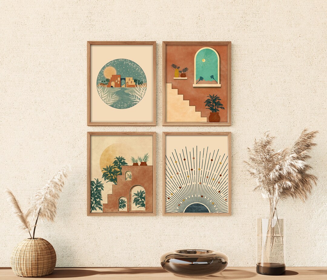 Boho Style Landscape Wall Art Set of 4, Big Bundle, Mid Century Modern ...