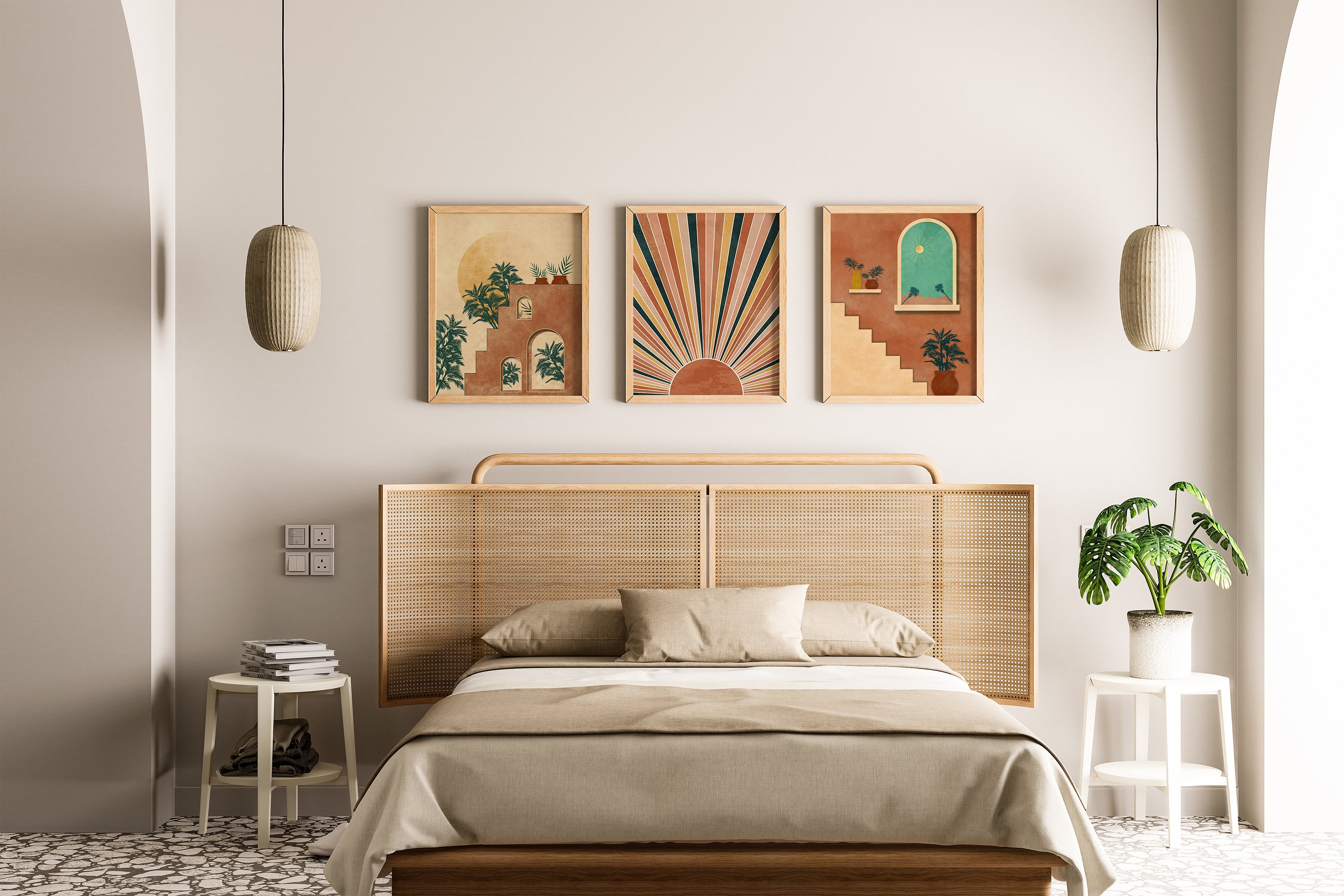 Boho Desert Wall Art Set, Orange Yellow Poster Set, Bohemian Desert Art ...