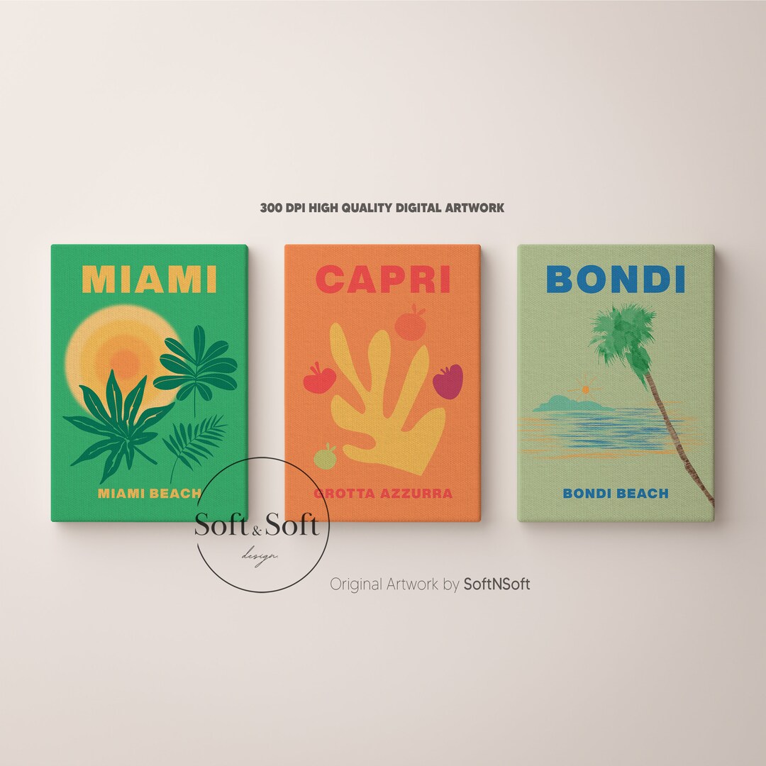 Tropical Art Prints, Retro Travel Poster, Set of 3 Prints, Miami Beach ...