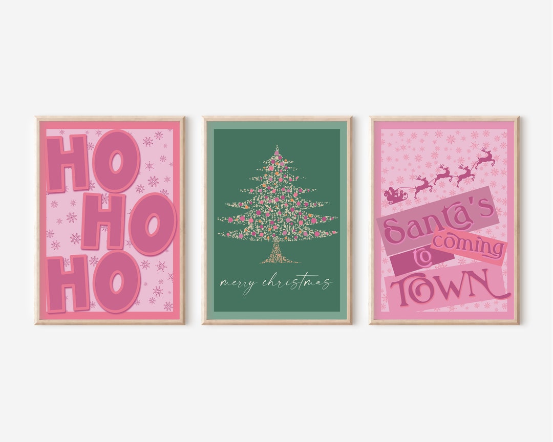 Pink Christmas Wall Art, Christmas Prints, Merry Christmas Art, Santa ...