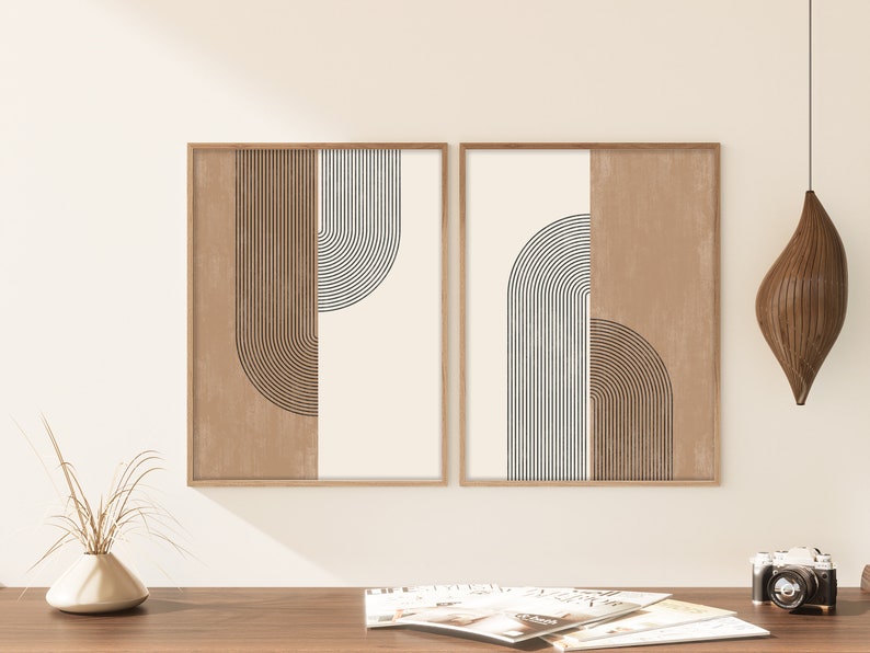 Mid Century Modern Art Print Set of 2 Neutral Beige Tones | Etsy