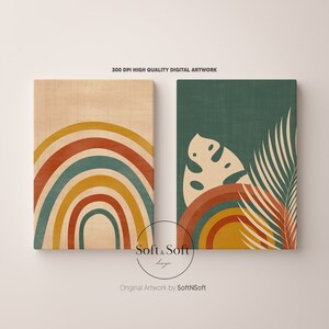 Mid Century Poster, Boho Style, Rainbow Shapes, Boho Landscape, Wall ...