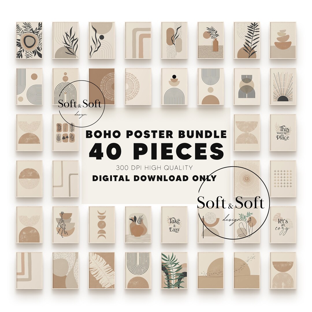Boho Abstract Wall Art Bundle, Set of 40, Neutral Beige Gallery Wall ...