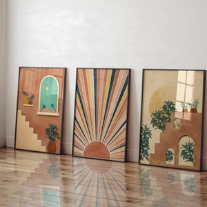 Boho Desert Wall Art Set, Orange Yellow Poster Set, Bohemian Desert Art ...