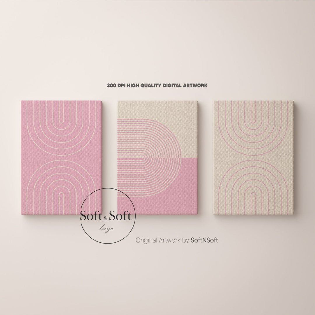 Pink Abstract Geometric Wall Art Set, Retro Pink Wall Set, Boho Set of ...