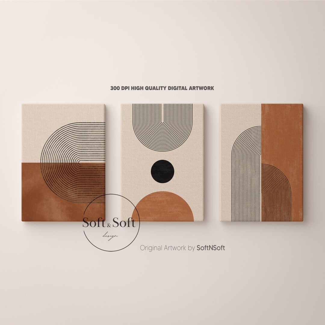 Mid Century Poster Set, Geometric Prints, Boho Wall Art, Burnt Orange ...