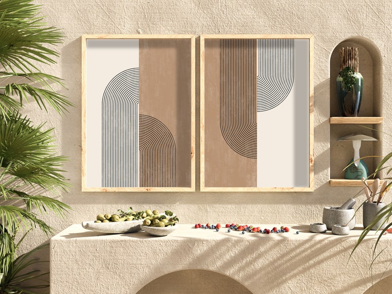 Mid Century Modern Art Print Set of 2 Neutral Beige Tones | Etsy