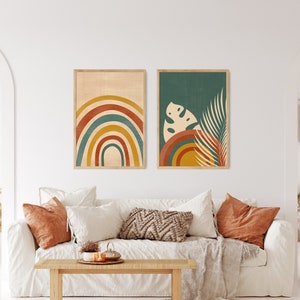 Mid Century Poster, Boho Style, Rainbow Shapes, Boho Landscape, Wall ...