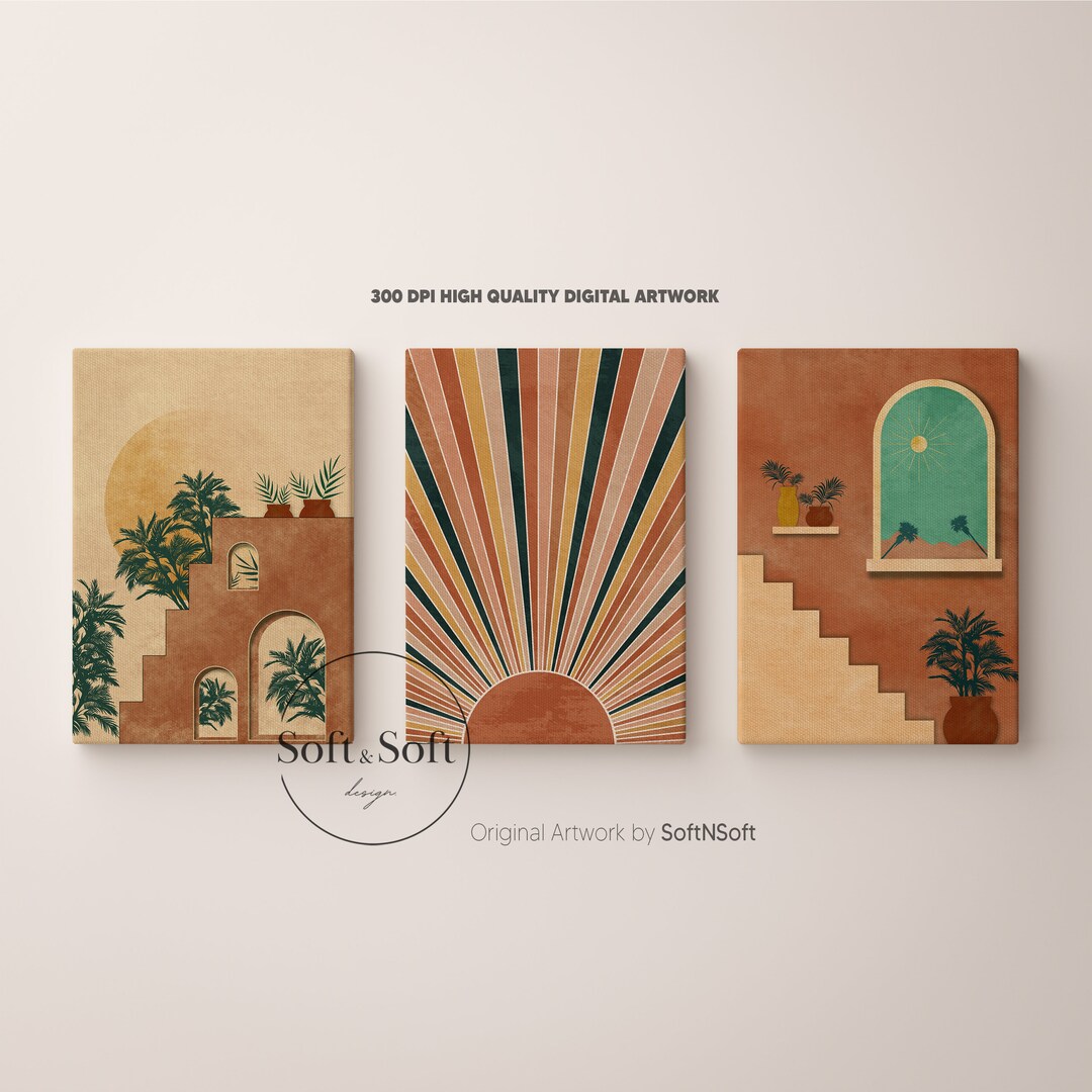 Boho Desert Wall Art Set, Orange Yellow Poster Set, Bohemian Desert Art ...